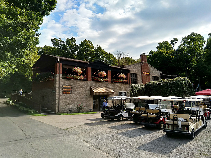 Golf cart central! These island chariots await their next adventure&mdash;the preferred mode of transportation for exploring Put-in-Bay's winding roads.