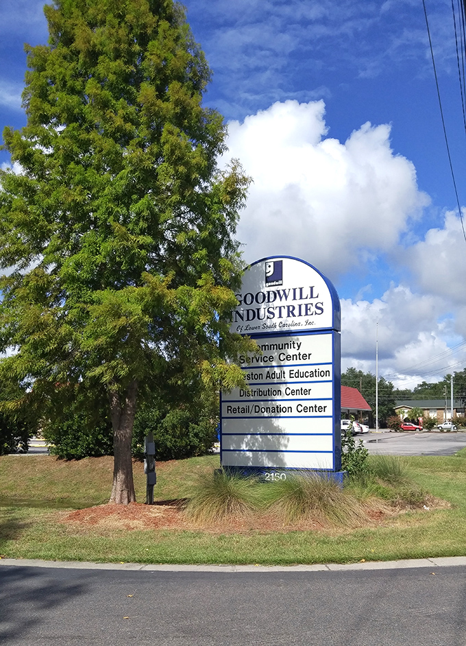 Under Carolina skies, the Goodwill Industries sign announces its multifaceted mission&mdash;more than just retail, it's education, service, and community support.