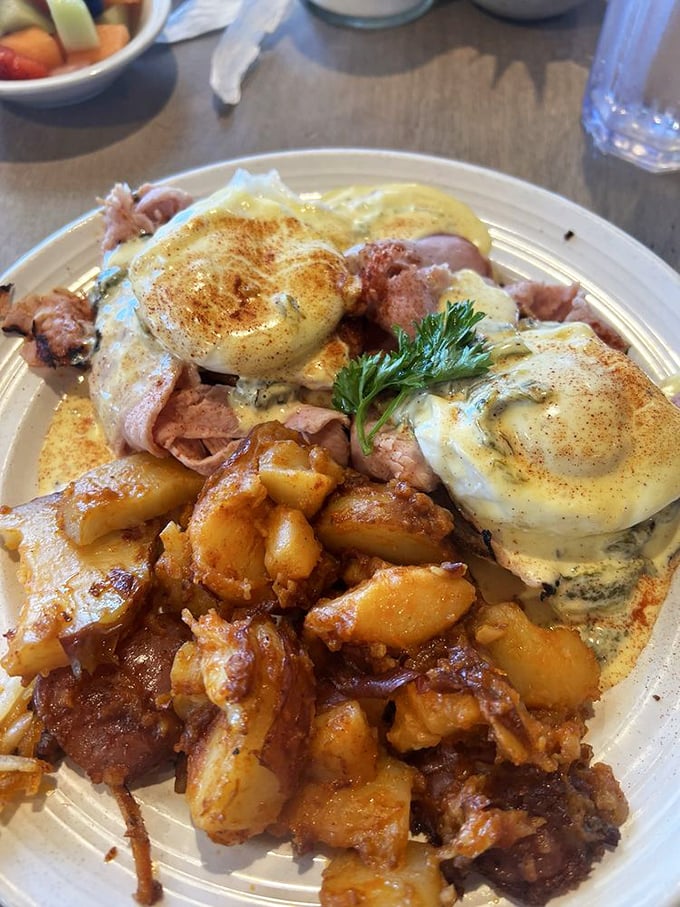 Green Chile Eggs Benedict&mdash;where hollandaise gets a New Mexican makeover and breakfast becomes an event worth getting out of bed for. 