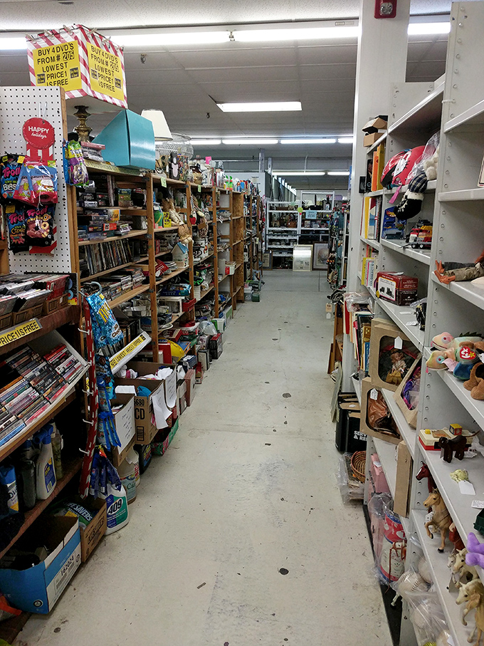 Aisles stretch into infinity, shelves packed with possibilities. The "Buy 4 DVDs" sign promises entertainment bargains for those who still appreciate physical media.
