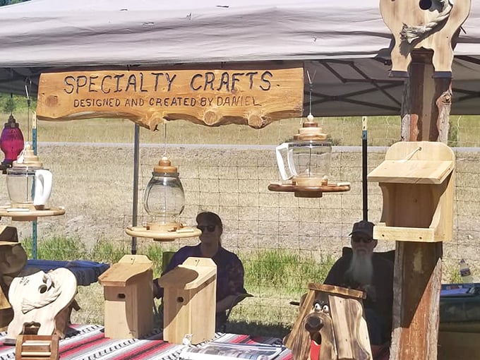 Handcrafted wooden birdhouses and feeders that make you wonder if Idaho birds have higher real estate standards than the rest of us. 