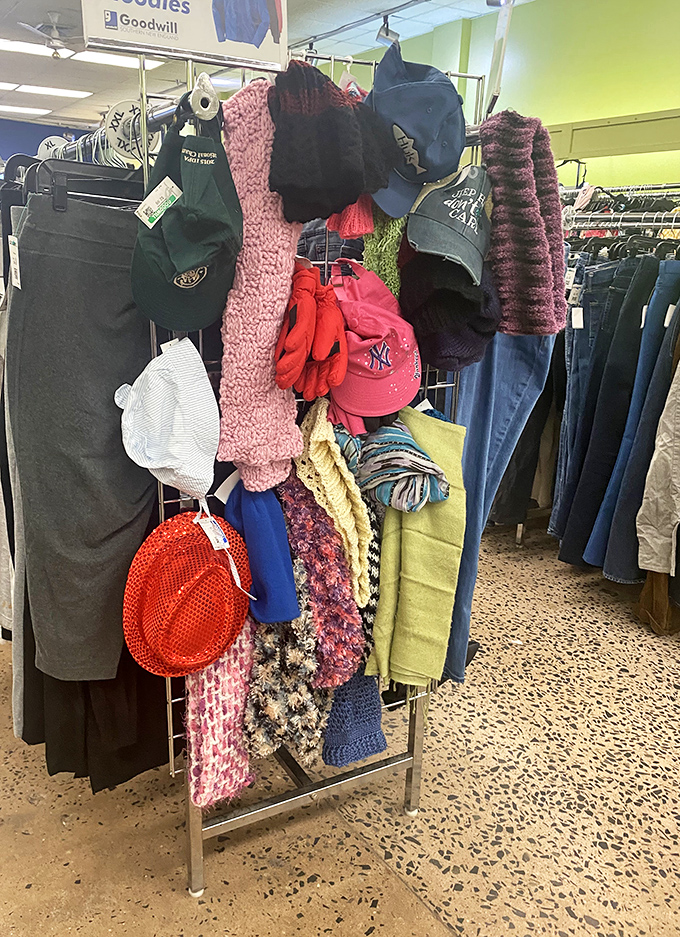 The accessories corner &ndash; where scarves, hats and winter wear hibernate until needed. That pink knit scarf is just waiting for its next snow day.