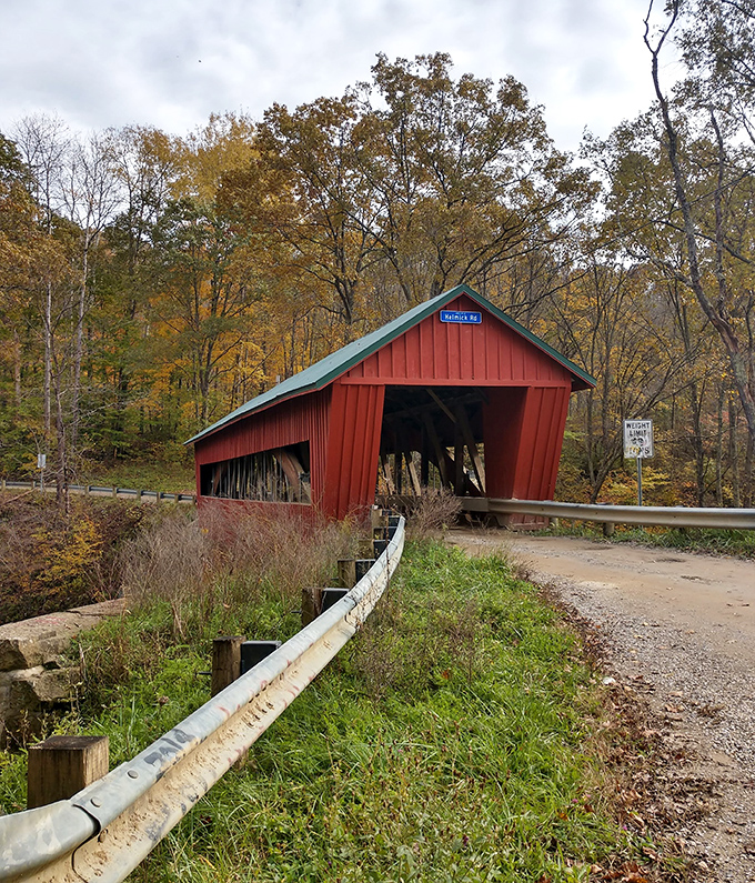 Fall's color palette seems custom-designed to complement the bridge's red siding&mdash;Mother Nature's sense of coordination is impeccable.
