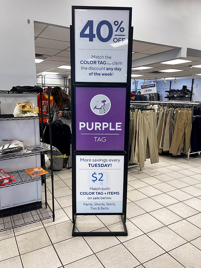 Purple tag special alert! The color-coded discount system adds another layer of strategy to your thrifting adventure.