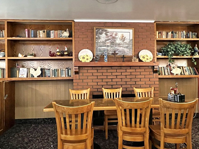 Bookshelves and country decor create dining nooks that feel like eating in your favorite aunt's living room—if your aunt happened to be an exceptional cook.