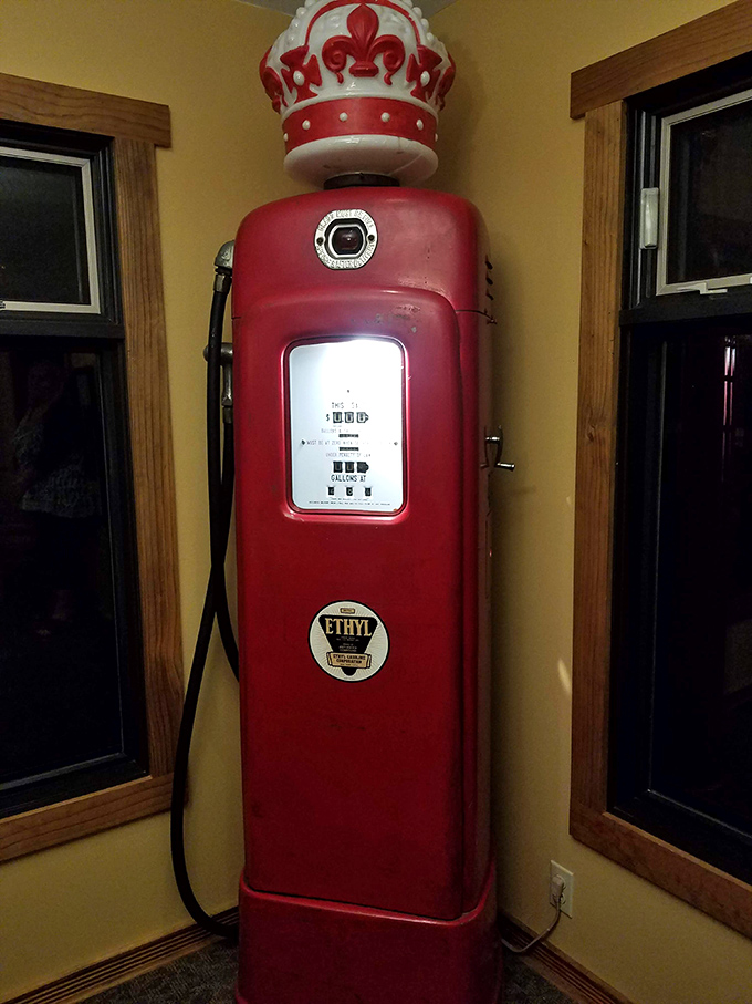 Vintage gas pump decor that reminds you when fill-ups cost less than your appetizer does now.