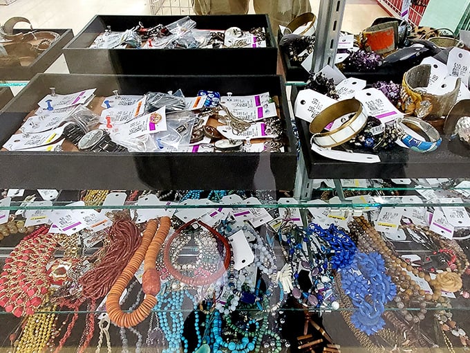 Jewelry displays showcase accessories from subtle to statement &ndash; because someone's "what was I thinking?" moment becomes another's perfect find.