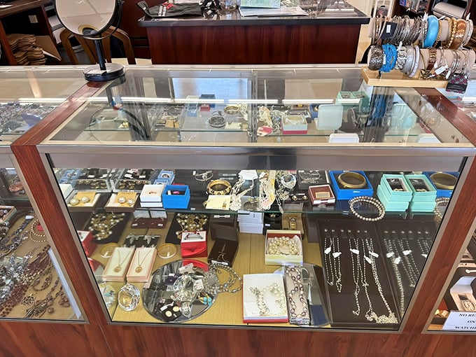 Jewelry case glittering with possibilities. Someone's "I don't wear this anymore" becomes your "Where did you get that amazing necklace?"