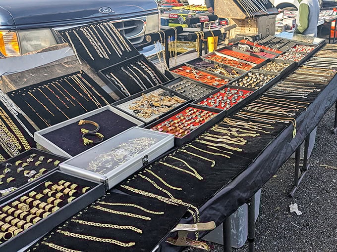 Jewelry displayed like a pirate's bounty &ndash; gold chains gleaming in the sun, waiting for their next adventure around someone's neck.