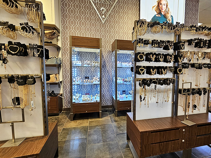 This jewelry display could easily be mistaken for a museum exhibit titled "Shiny Things That Make You Feel Fancy Without Manhattan Prices."