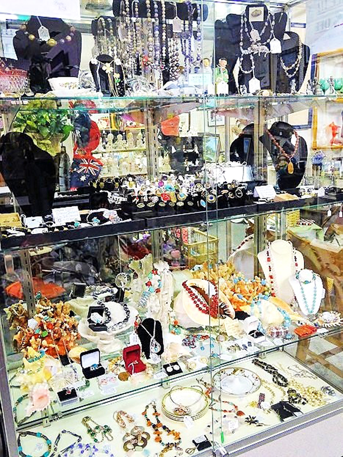 Jewelry cases that sparkle with possibilities &ndash; vintage brooches, necklaces, and rings that carry stories from previous owners while waiting to create new ones.