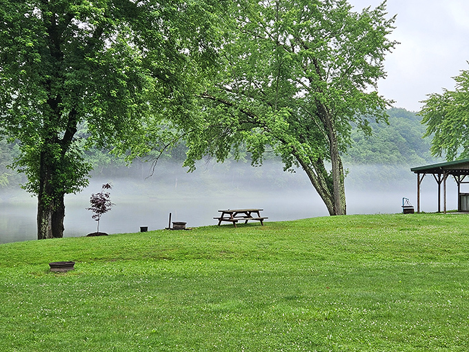 Morning mist hovers over still waters at Kibbe's Park &ndash; nature's way of saying "slow down, the emails can wait."