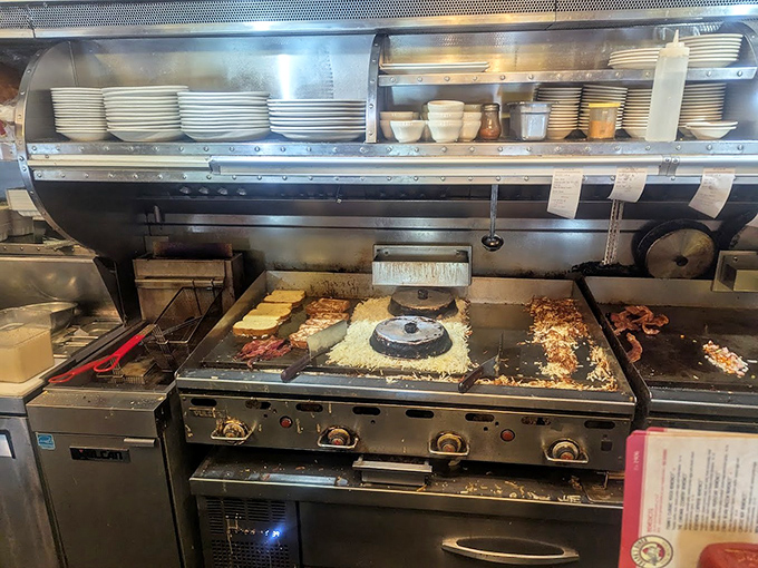 The kitchen's flat-top griddle—battlefield of breakfast dreams where pancakes brown, eggs sizzle, and hash browns achieve their perfect crispy edges.