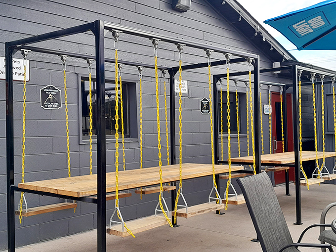 Swing seats at this local eatery let you play while you dine. Like childhood, but with better food and no one telling you to stop playing with it.