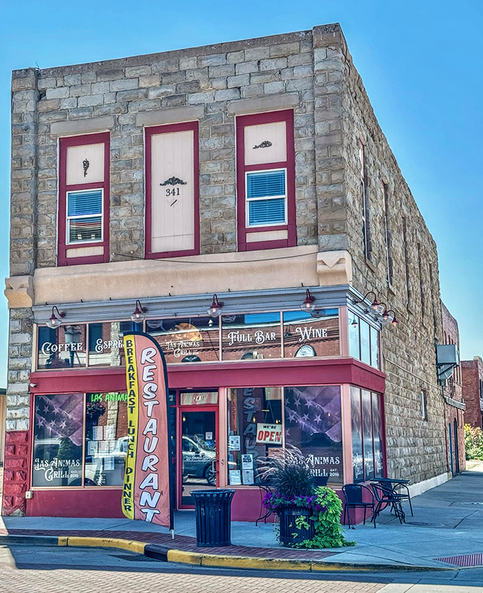 Las Animas Grill occupies a corner stone building where coffee, spirits, and meals come together in a space that feels both historic and welcoming.