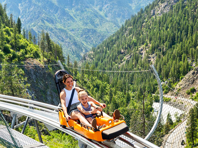 The summer alpine slide sends thrill-seekers racing down the mountainside, proving gravity is nature's most reliable amusement park engineer.