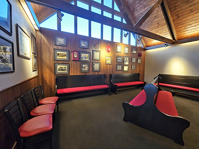 The waiting area features firefighting memorabilia and comfortable seating, making even the anticipation of barbecue part of the experience.