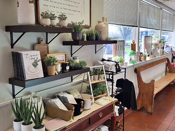 Rustic shelves display handcrafted goods – a reminder that Katie's Kitchen offers more than just a meal, but a slice of Lancaster County life.