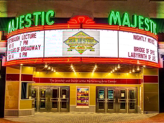 The Majestic Theater's neon glow transforms nighttime Gettysburg into something unexpectedly cosmopolitan, proving history towns know how to light up after dark.