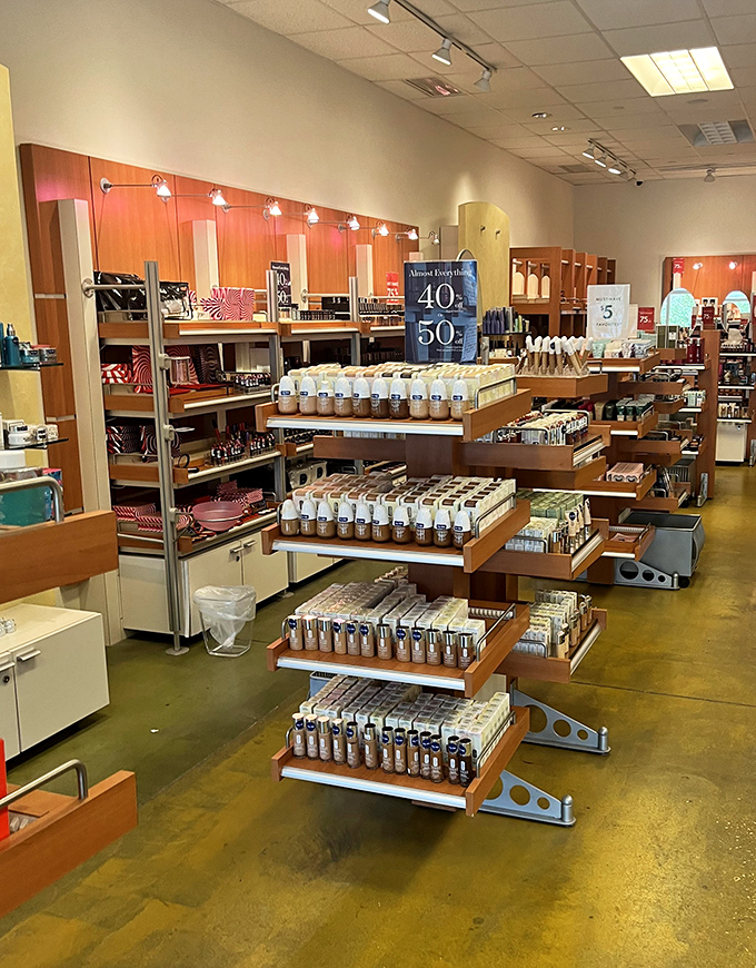 Beauty products arranged with museum-like precision, promising transformations that range from "subtle glow" to "completely different person."