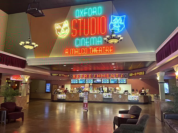 The Oxford Studio Cinema's neon glow promises escape and entertainment, a retro-cool reminder that small towns can deliver big-screen magic.