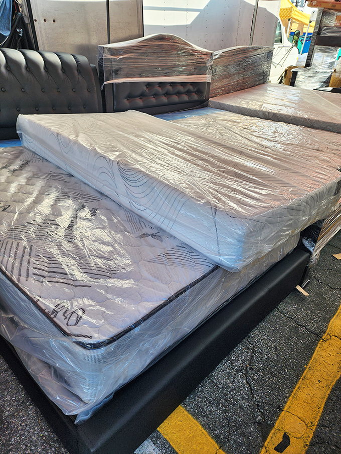 Mattress shopping without the awkward public napping. These still-wrapped sleep surfaces promise dreams as sweet as their swap meet prices.