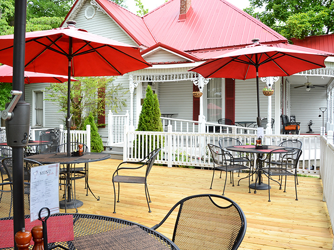 Mauricio's outdoor dining deck proves that sometimes the best restaurant atmosphere comes with a side of fresh air and red umbrellas.