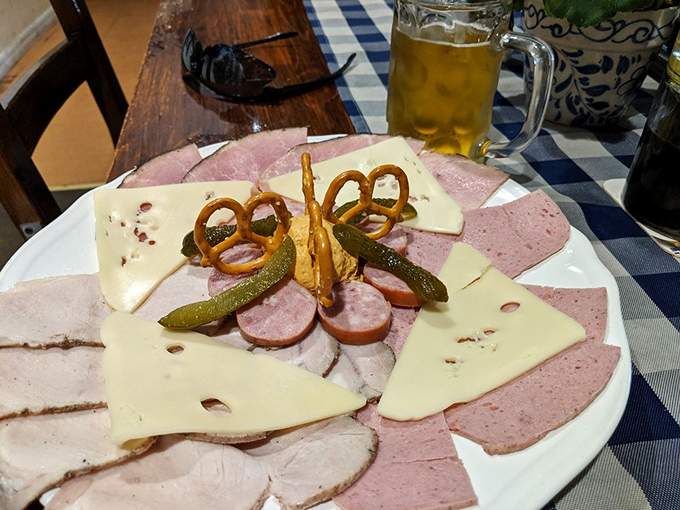 A meat and cheese platter that's basically a German charcuterie board. Add pretzels and pickles, and you've got yourself a party on a plate.