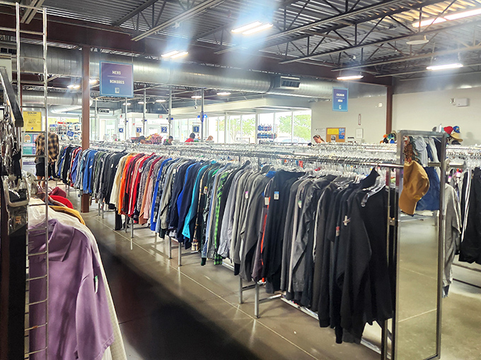 Men's clothing arranged with military precision – find everything from interview suits to weekend casual without the mall price tags.