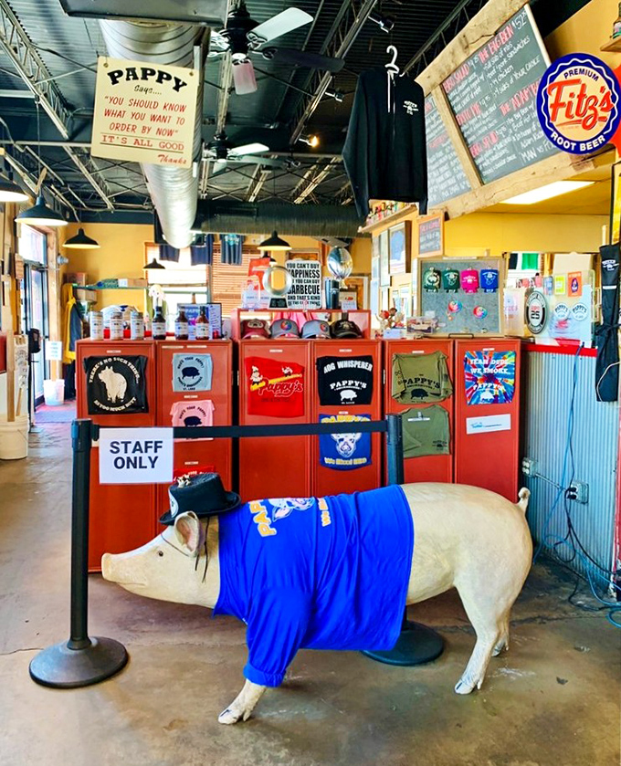 The pig statue dressed in blue stands guard over merchandise&mdash;a whimsical reminder of who we should thank for our meal.