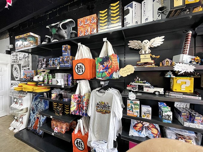 Not just a restaurant but a mini anime convention. The merchandise wall lets you take home a piece of the experience—or wear it proudly.