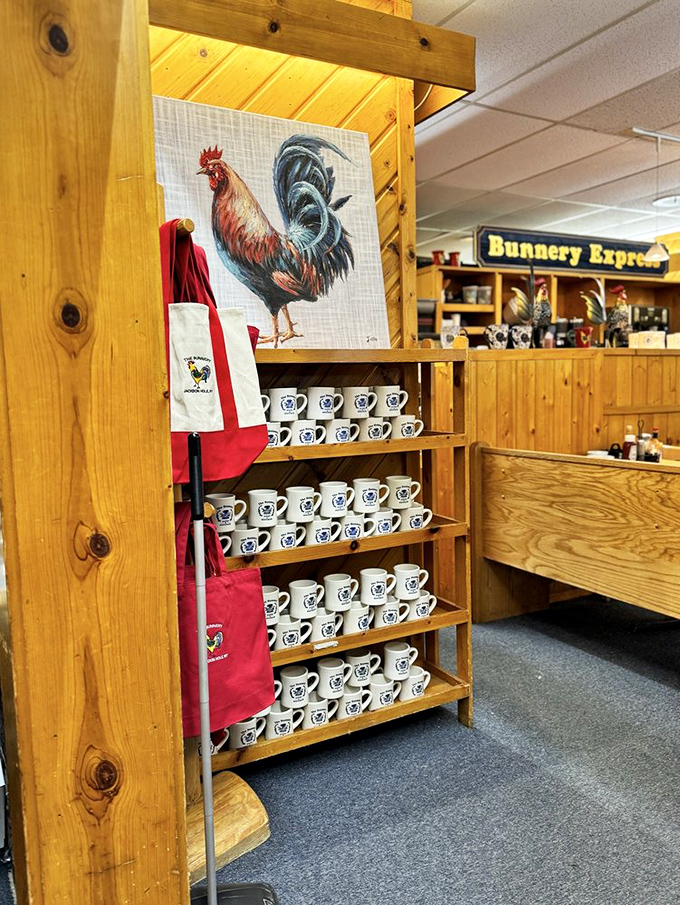 Rooster artwork and branded mugs reminding you that some places are worth bringing home in souvenir form always. 