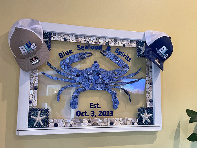 A blue mosaic crab announces the restaurant's birthday &ndash; proving that even seafood joints deserve to celebrate their special day.