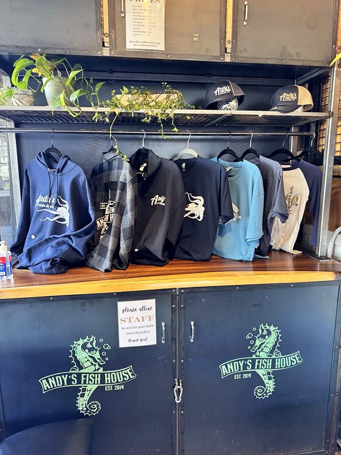 Take home a souvenir that won't smell like fish tomorrow. Andy's merch lets you extend the seafood love affair beyond lunch.