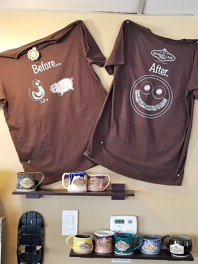 Their cheeky "Before and After" shirts tell the whole Mirror Lake Diner story &ndash; you arrive hungry and leave with a smile.