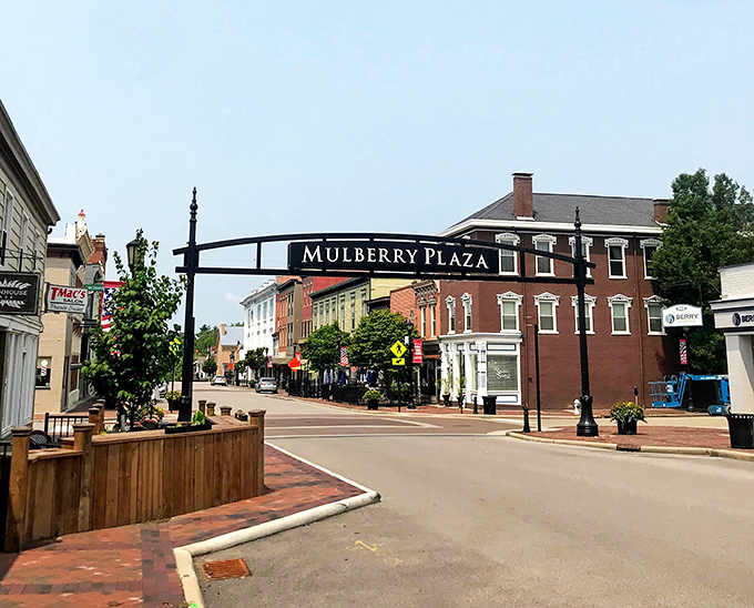Mulberry Plaza's welcoming arch frames a downtown that invites leisurely strolls, window shopping, and genuine small-town connection moments.