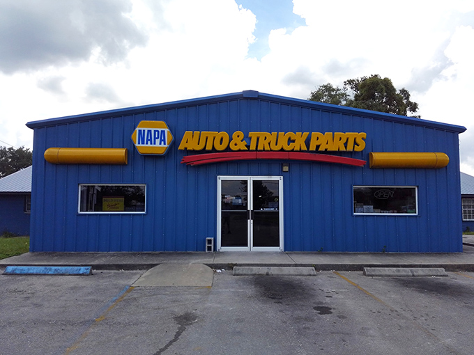Even the NAPA Auto Parts store embraces Mayo's bold color palette, standing ready to rescue retirees from the minor mechanical emergencies of rural living.