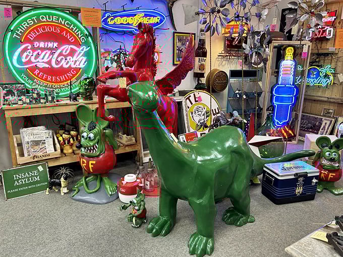 A menagerie of colorful creatures that would make Rat Fink proud. Nothing says "conversation piece" quite like a dinosaur riding a red horse.