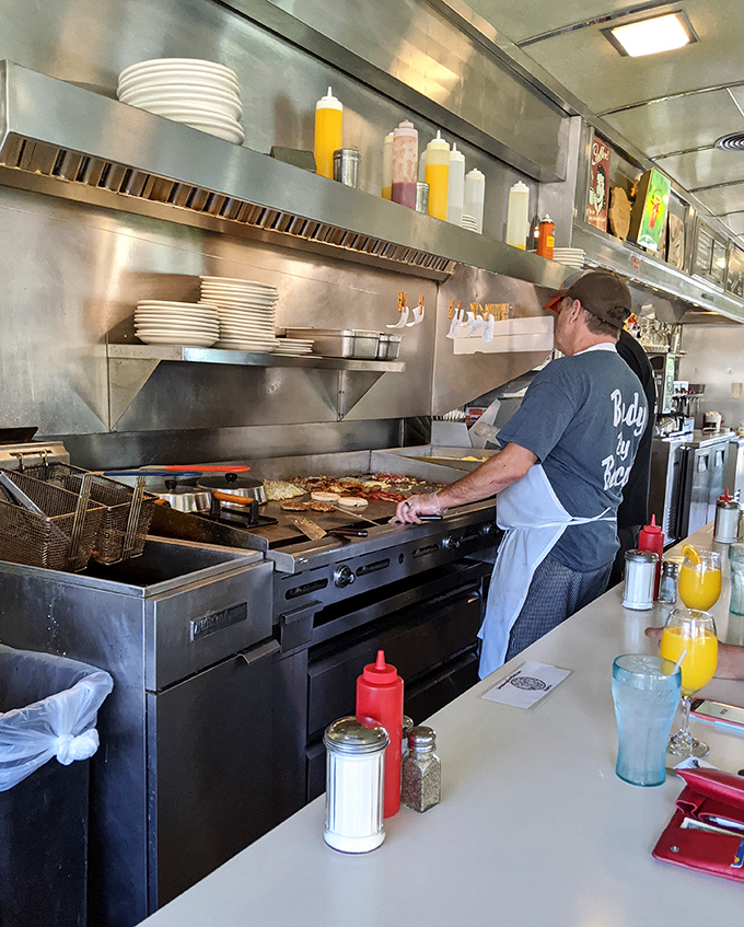 Where the magic happens. That flat-top grill has probably cooked enough eggs to circle the Earth, each one made exactly to order.