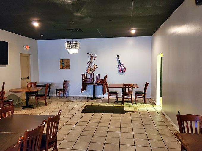 Musical instruments on the wall suggest there might be more than one kind of soul food happening here. The atmosphere hits all the right notes.