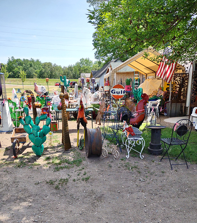Garden art that makes a statement. That metal rooster isn't just decor—it's a conversation starter that will have neighbors wondering about your excellent taste.