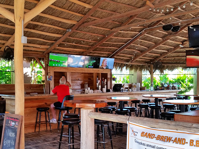 The thatched-roof outdoor bar brings a touch of tropical flair to this steakhouse, proving Florida knows how to blend its influences beautifully.