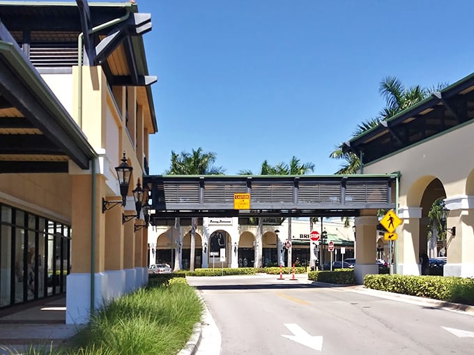 Mediterranean-inspired architecture under palm trees, because Florida shopping centers never met a design theme they wouldn't embrace.