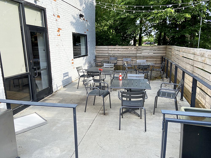 When the weather cooperates, this patio becomes Columbus's finest outdoor chicken appreciation space. String lights included for that perfect ambiance.