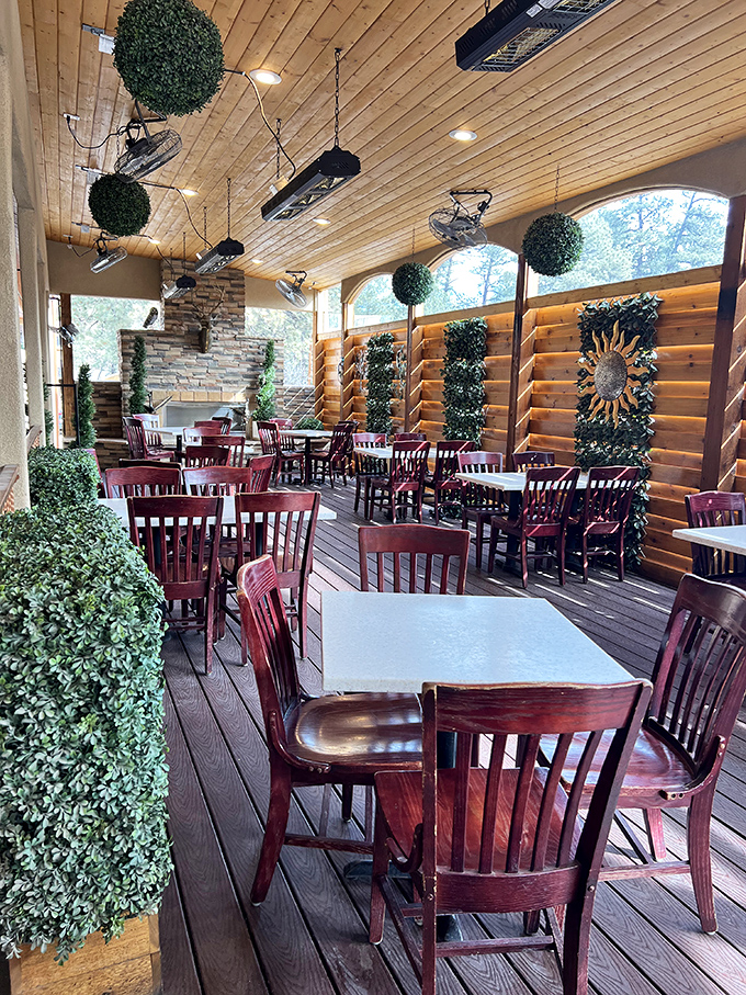 The sunlit patio where wooden ceilings, hanging greenery, and mountain air combine to create the ultimate breakfast backdrop.
