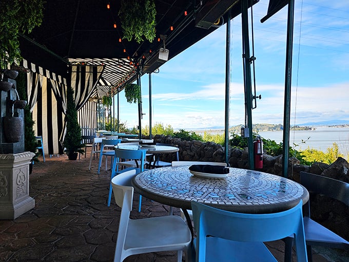 Outdoor dining with a view that no Instagram filter could improve &ndash; the Carquinez Strait stretches before you like nature's own dinner theater.