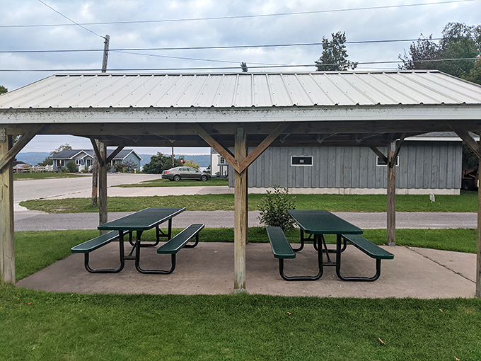 Picnic tables with a purpose. The covered outdoor seating area invites you to savor your pasty while enjoying Michigan's notoriously unpredictable weather.