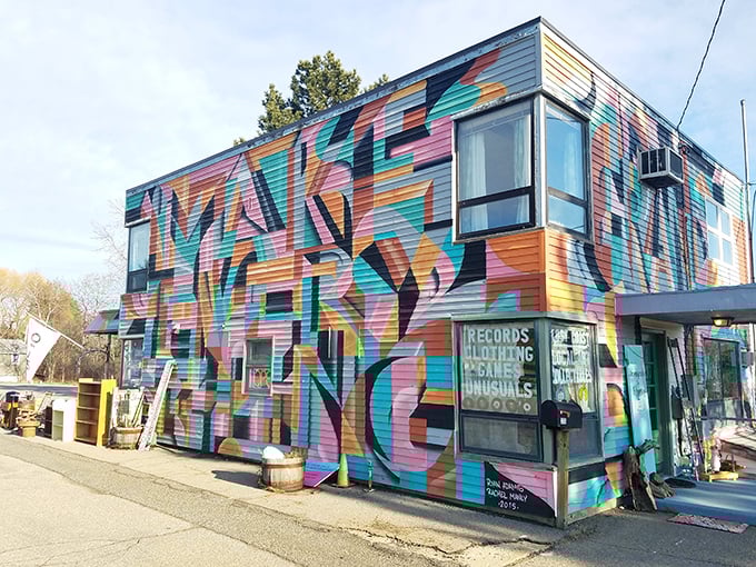 The exterior mural transforms a simple building into Kittery's most eye-catching landmark. Even the architecture refuses to be ordinary here.