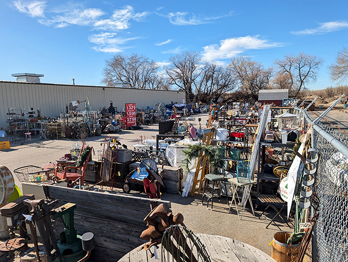 Even the outdoor section brims with rustic charm. Garden ornaments, weathered furniture, and industrial salvage await the creative eye of a dedicated treasure hunter.