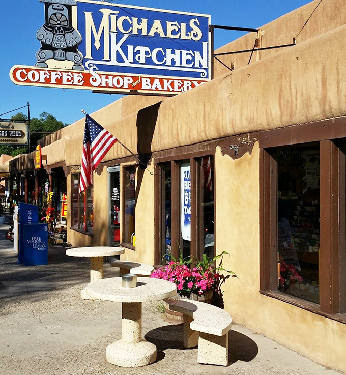 Even the exterior seating area says "Welcome to New Mexico" with its adobe walls, American flag, and promise of southwestern hospitality.